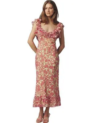 Bhldn Lottie Ruffled Low-Back Maxi Gown Pink Pattern