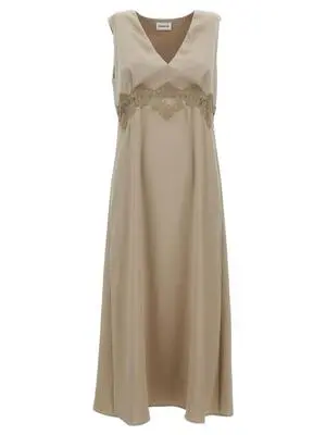PAROSH Sleeveless Midi Dress With Lace Insert - Beige