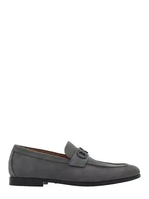 FERRAGAMO Leather Loafers With Gancini Buckle - Grey