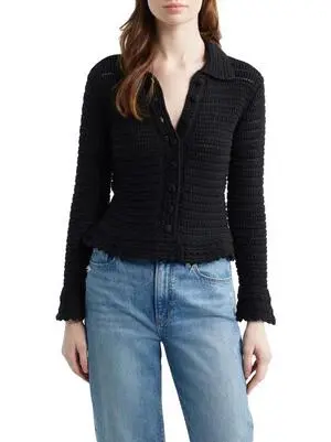 Madewell Pointelle Knit Peplum Cotton Cardigan - Jet Black