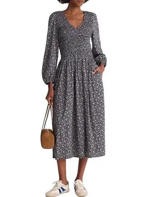 Madewell Floral Smocked V-neck Midi Dress - Classic Navy