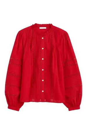 Madewell High Neck Lace Pintuck Cotton Top - Cherry