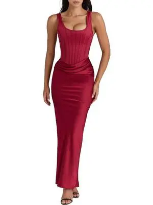 House Of Cb Kira Corset Bodice Satin Gown - Red