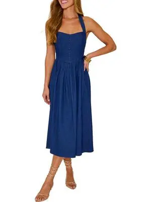 VICI Denim Halter Midi Dress - Dark Wash