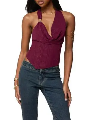 EDIKTED Textured Mesh Asymmetric Sleeveless Top - Burgundy