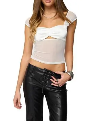 EDIKTED Cutout Satin & Sheer Mesh Crop Top - White