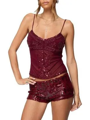 EDIKTED Azelia Bead & Sequin Camisole - Burgundy