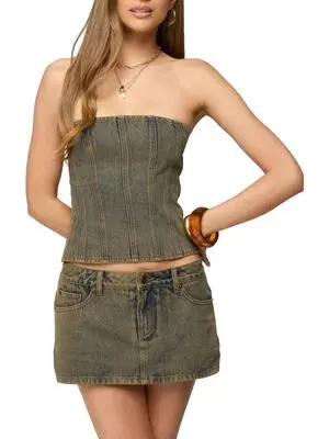 EDIKTED Camelia Strapless Denim Top - Brown-washed