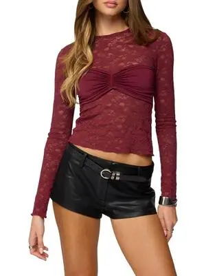 EDIKTED Rosette Lace Long Sleeve Top - Burgundy