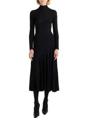 Alaïa Twisted Rib Long Sleeve Wool Blend Dress - Noir Alaia