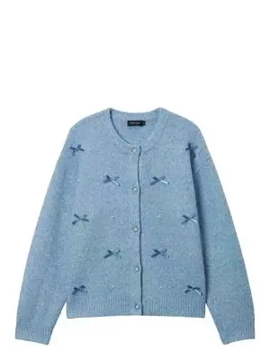 TOUT A COUP Bow-embellished Knitted Cardigan - Blue