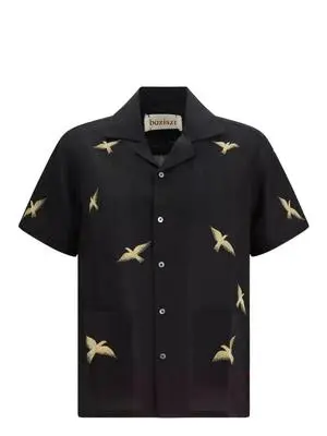 BAZISZT Bird-embroidered Pocket Shirt - Black