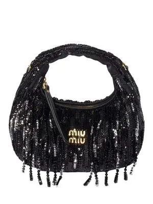 Miu Miu Wander Satin Mini-bag With Crystal And Sequin Fringe - Black
