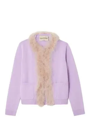 Valentino Garavani Feather-trimmed Wool Cardigan - Purple