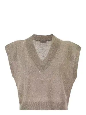 Brunello Cucinelli Sequined V-neck Top - Neutrals