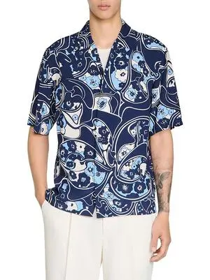 Sandro Hippie Trip Printed Loose Fit Shirt - Navy Blue