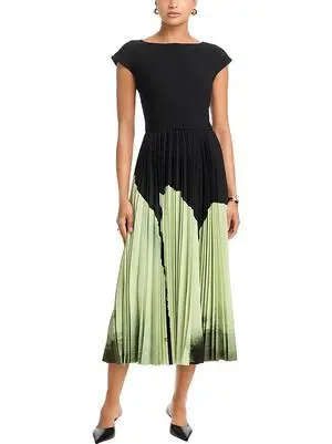 JASON WU Watercolor Floral Matte Crepe Pleated Dress - Nori/light Jade Multi
