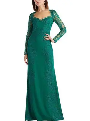 Tadashi Shoji Embroidered Lace Gown - Emerald
