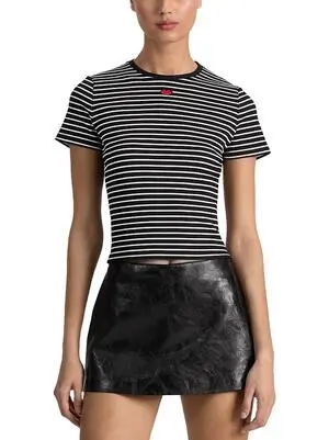 Alice + Olivia Cindy Embroidered Cropped Tee - Black Stripe