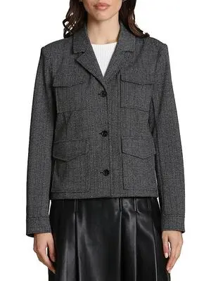 Bagatelle Notch Collar Knit Jacquard Jacket - Black Herringbone