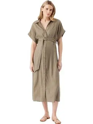 RIPE MATERNITY Linen Nursing Shirt Dress - Olive