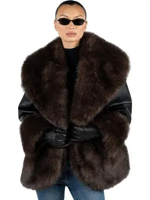 WeWoreWhat Cocoon Faux Fur Jacket - Black/drk Brown