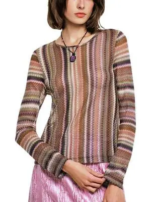 Anna Sui Wavy Chevron Knit Long Sleeve Stripe Top - Mauve Multi