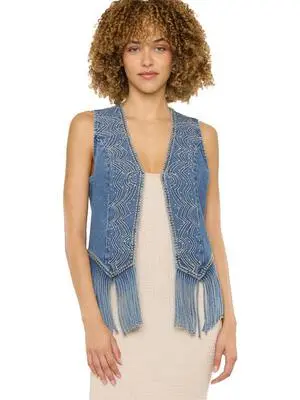 KANCAN Mabel Fringe Denim Vest - Medium Wash