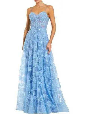 Mac Duggal Embroidered Floral Corset A-line Gown - Powder Blue