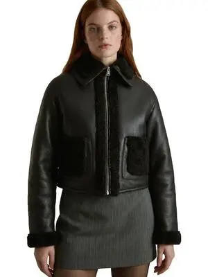FURNIQ UK Julia Shearling Cropped Leather Jacket - Black