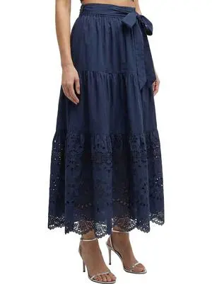 CHANGE OF SCENERY Jenni Tiered Eyelet Midi Skirt - Navy Calypso Eyelet