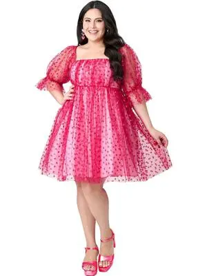 SMAK PARLOUR Puff Sleeve Babydoll Dress - Hot Pink W/hearts