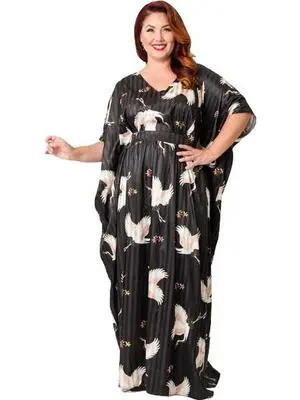 Unique Vintage Burton Caftan Dress - Black & White Crane Print