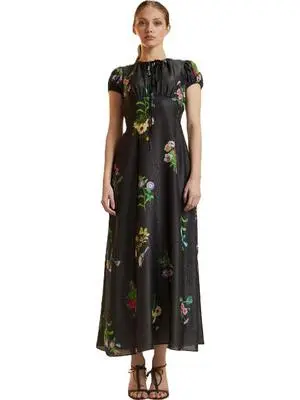 Cynthia Rowley Printed Lurex Tie-neck Midi Dress - Black Floral