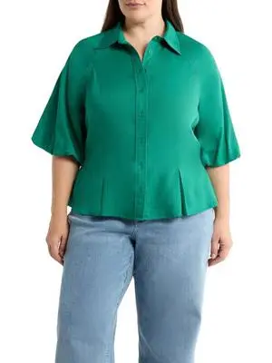 Wit & Wisdom Bubble Sleeve Button-up Top - Lake Green