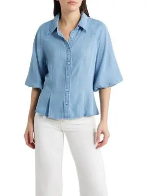 Wit & Wisdom Bubble Sleeve Button-up Chambray Top - Light Blue