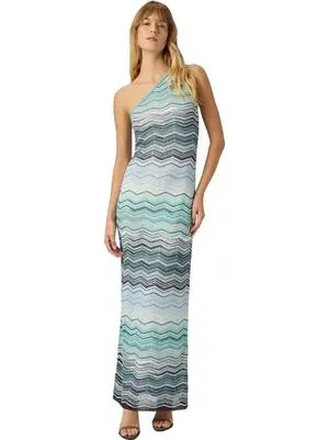 Missoni Long One-shoulder Sequined Chevron Dress - Green& Brown