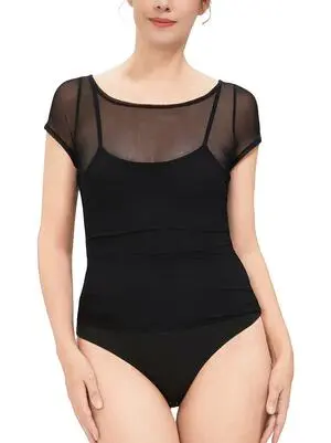 KIMI + KAI Sheer Mesh Short Sleeve Bodysuit Top - Black