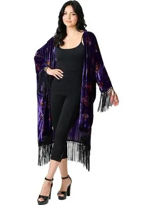 Unique Vintage Burnout Fringe Kimono - Purple