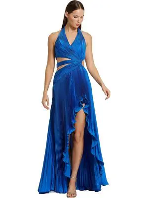 Mac Duggal Pleated Charmeuse Halterneck Gown With Cutouts - Cobalt