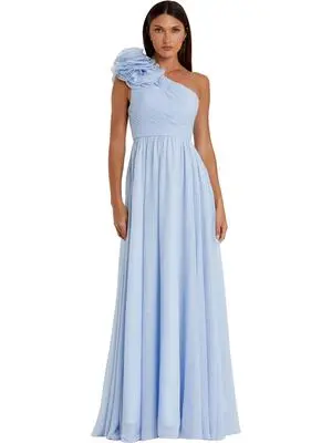 Mac Duggal One-shoulder Polka Dot Chiffon Gown With Ruffle Detail - Blue