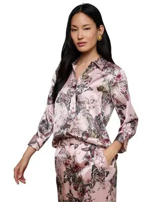 L'Agence Dani Silk Blouse Top - Light Nectar Pink Small Multi Butterfly Jungle