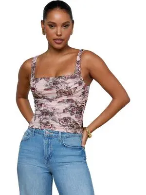 L'Agence Shirred Mesh Tank Top - Light Nectar Pink Small Multi Butterfly Jungle