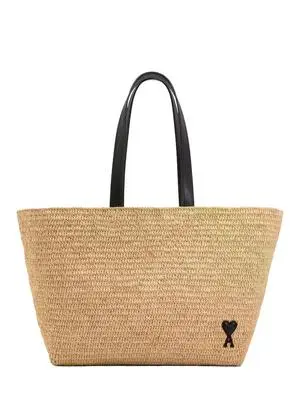 Ami Large Raffia Tote Bag With Coeur Patch - Neutrals