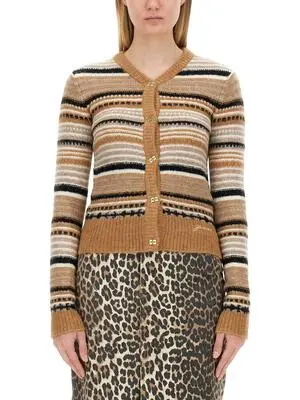 GANNI Striped Knit Cardigan - Beige