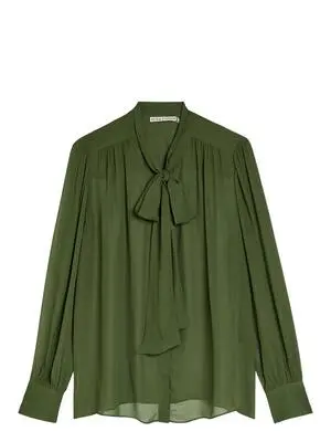 Alice + Olivia Thayer Tie Neck Georgette Blouse - Dark Green