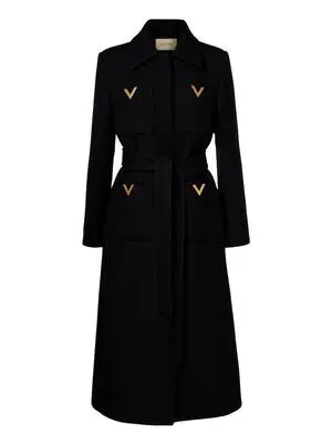 Valentino Garavani Vgold Belted Wool And Silk Coat - Black