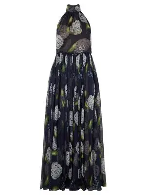 Oscar De La Renta Floral-print Gathered Silk-chiffon Halterneck Gown - Blue