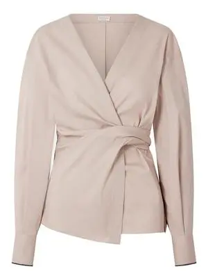 Brunello Cucinelli Embellished Cotton-blend Poplin Wrap Blouse - Neutrals