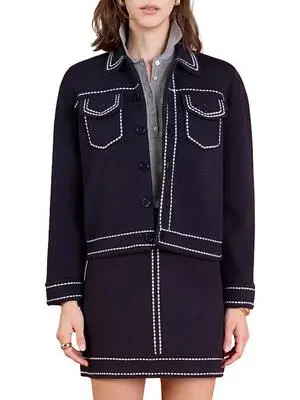 English Factory Collared Denim-inspired Cardigan - Navy/white